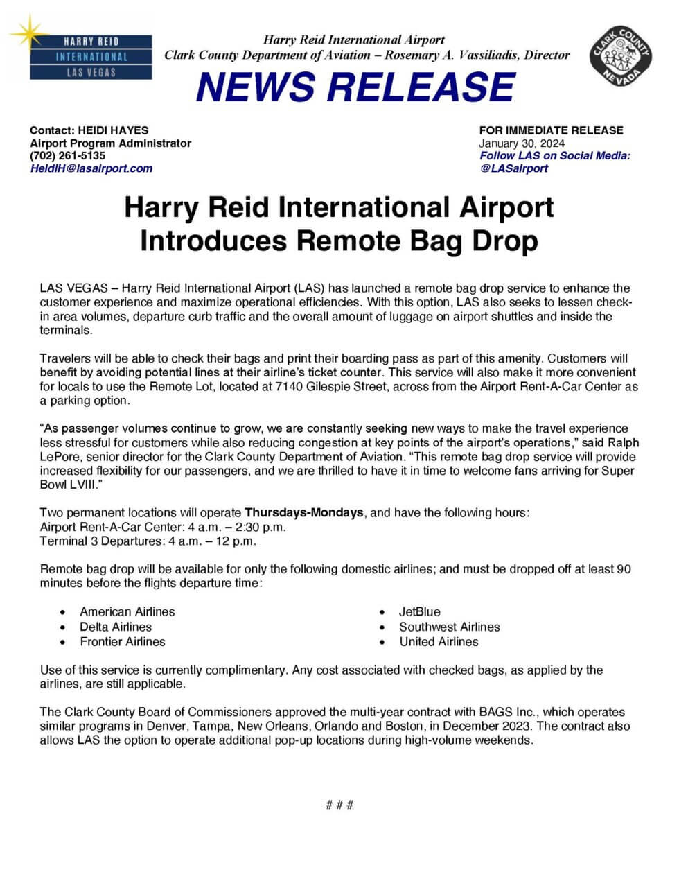 Harry Reid International Airport Introduces Remote Bag Drop | Harry ...